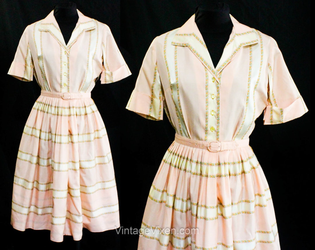1950s Shirtwaist Dress - Pink Wallpaper Striped Silk Satin - Size 2 Fit ...