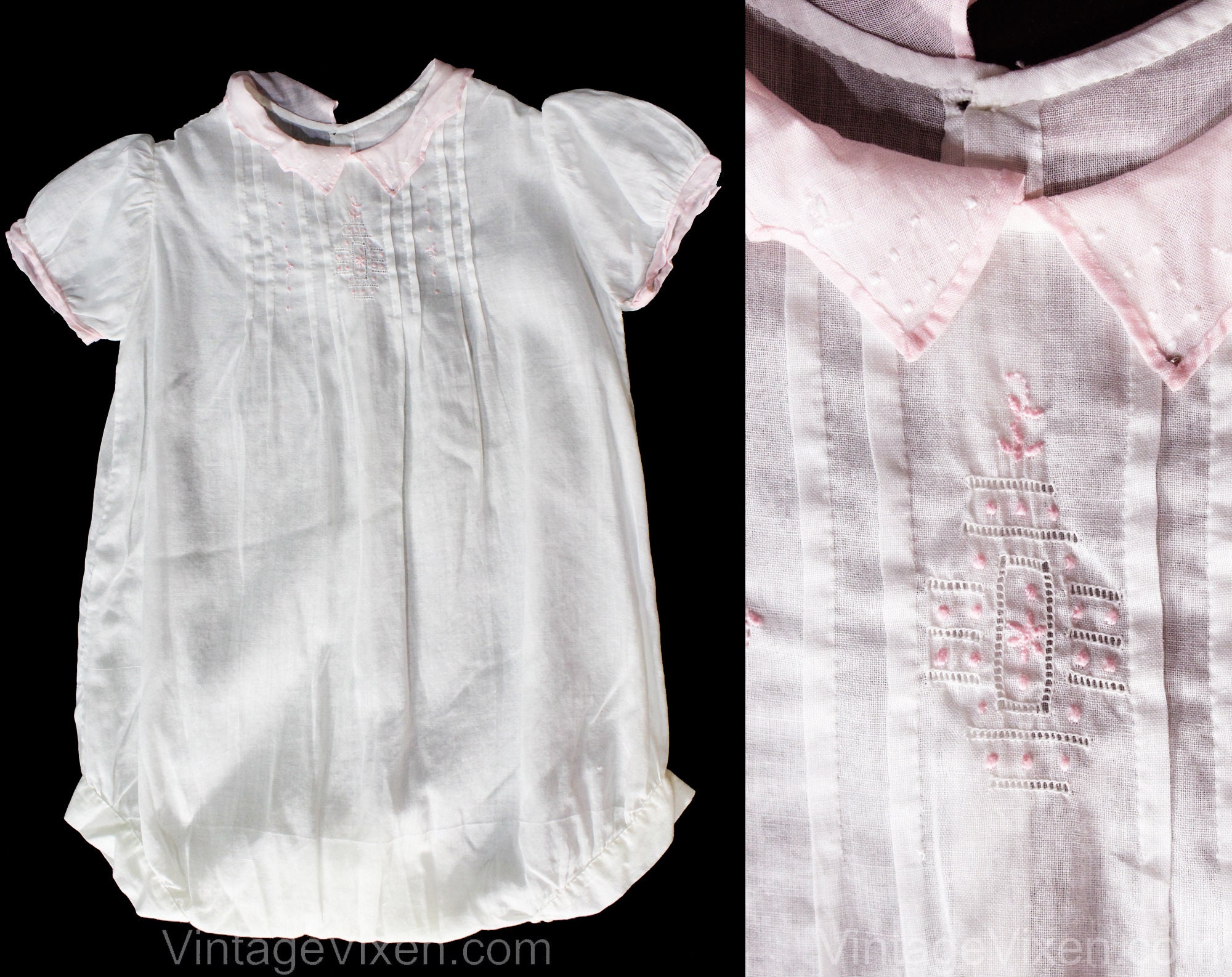 1920s Toddlers White Cotton Romper - Charming Chemise Style With Pink ...