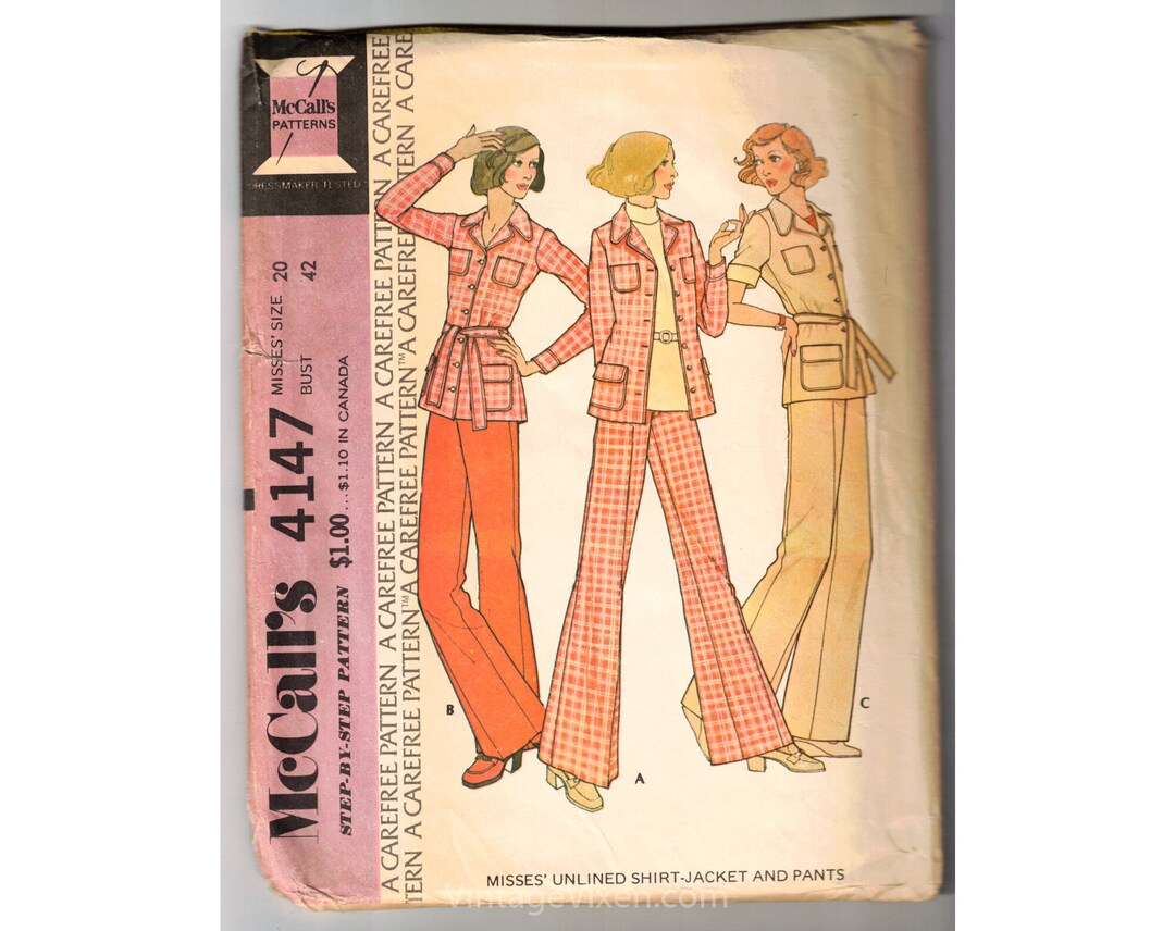 1974 XL Pant Suit Sewing Pattern - Bust 42 70s Misses Jacket Shirt ...