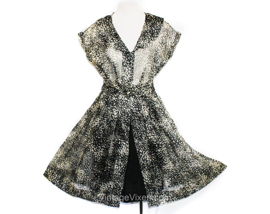 1940s Silk Dress - as is 40s 50s Fit & Flare Frock - Sheer Black and ...