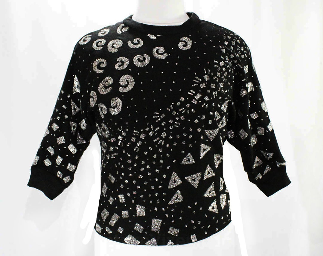80s Black Sweater - 1980s Silver Glitter Stardust Jumper - Soft Small ...