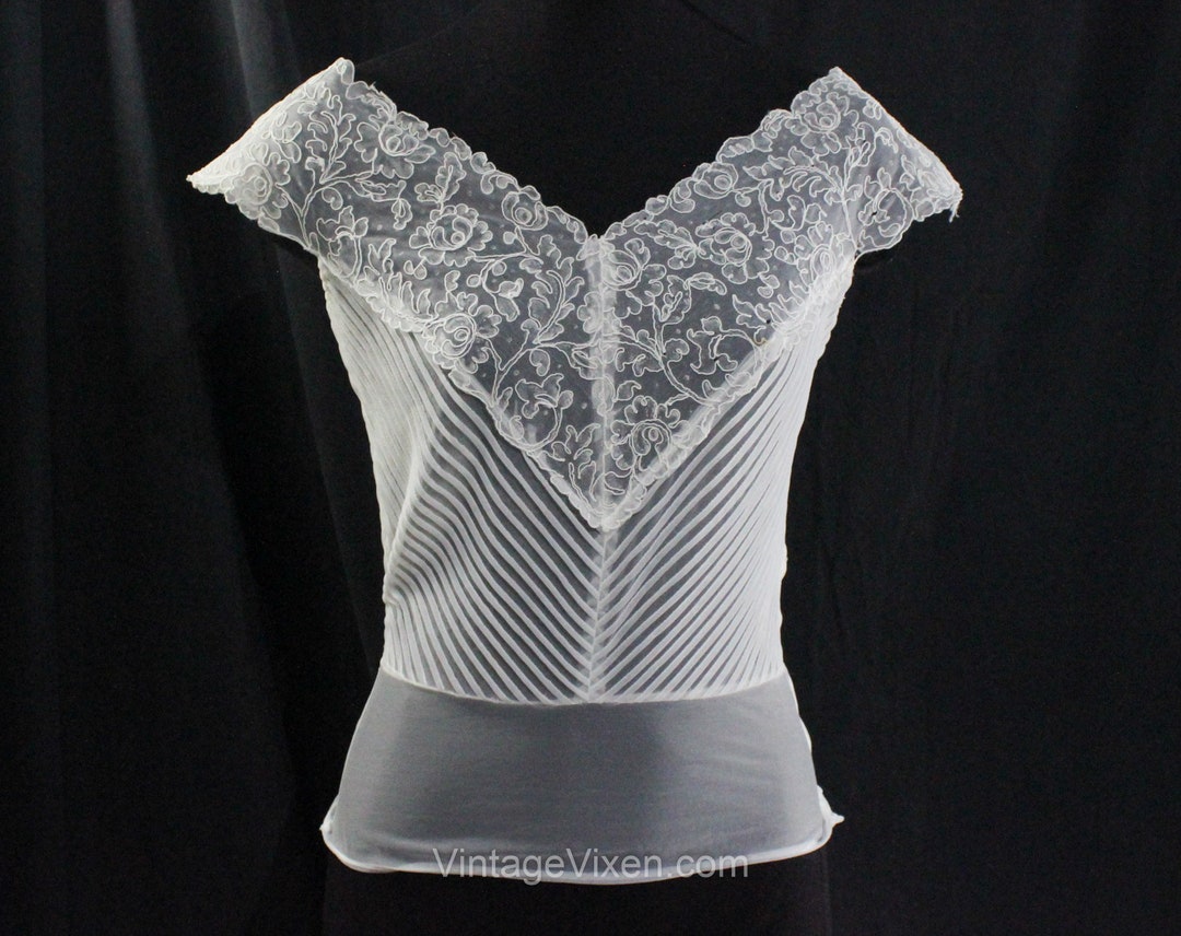 Sexy 1950s Sheer Blouse XS 50s Pin up Girl White Pleated Top With Lacy ...
