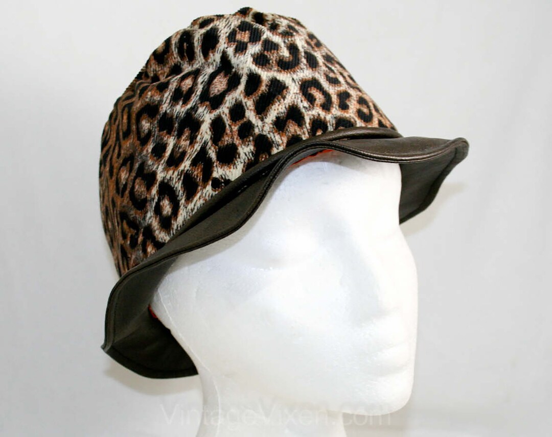 1960s Leopard Hat - Black & Brown Beatnik Corduroy Novelty Animal Print ...