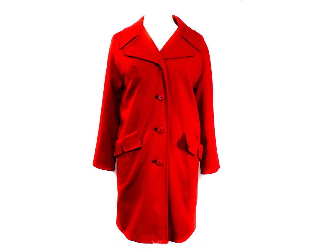 XL Red Coat - Retro 1960s 70s Mod Overcoat - Size 16 Polyester Singled ...