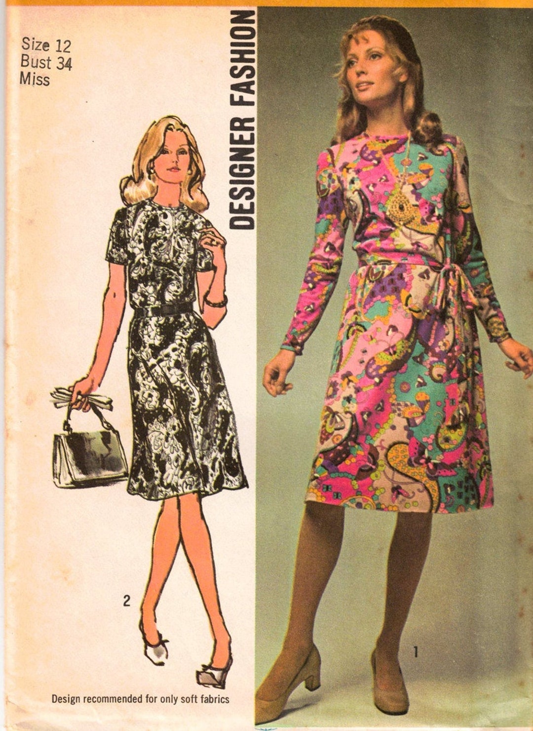 1970s Dress Sewing Pattern - Misses Size 12 A Line Dress Dated 1971 ...