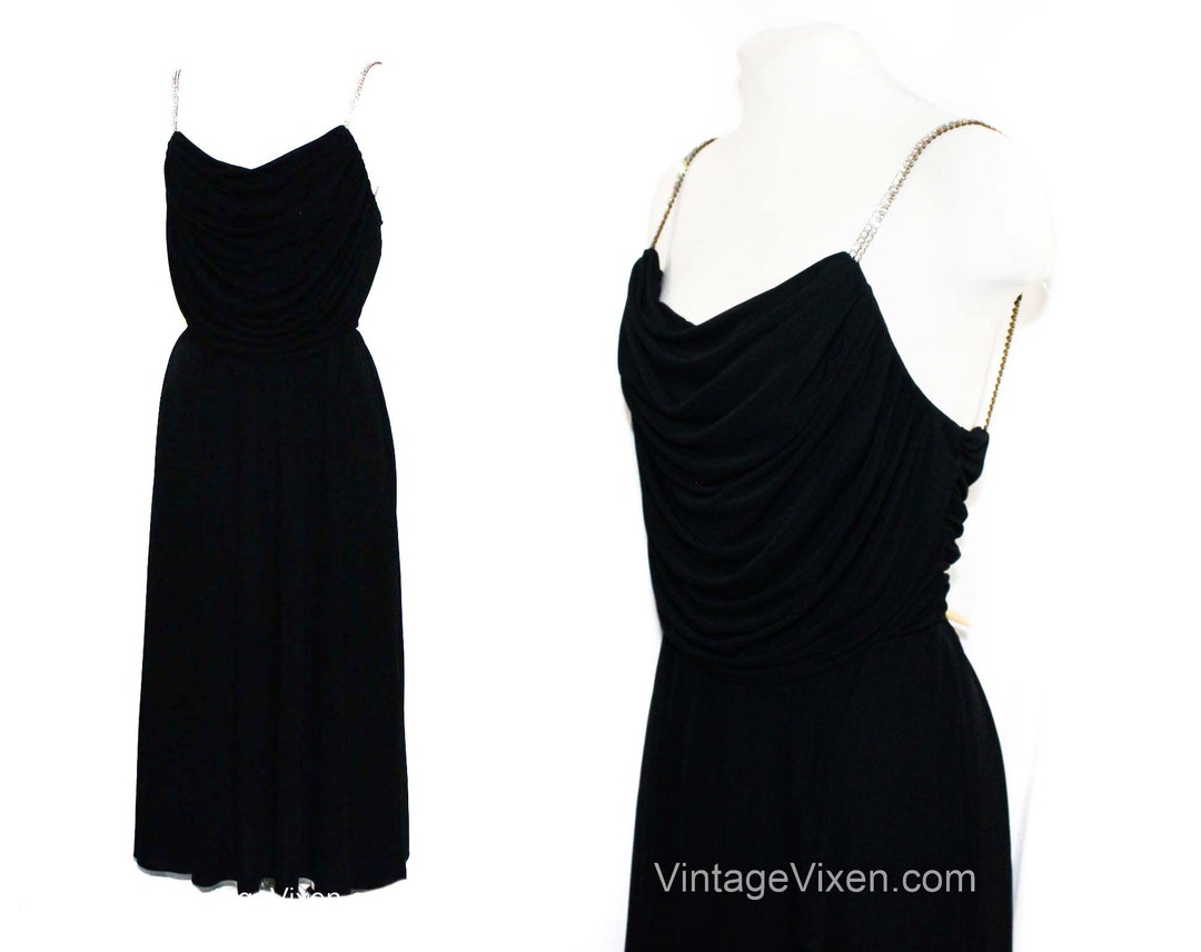 Flirty Date Night Dress Black 1970s 80s Elegant Party Dress With Rhinestone Straps And Full Skirt