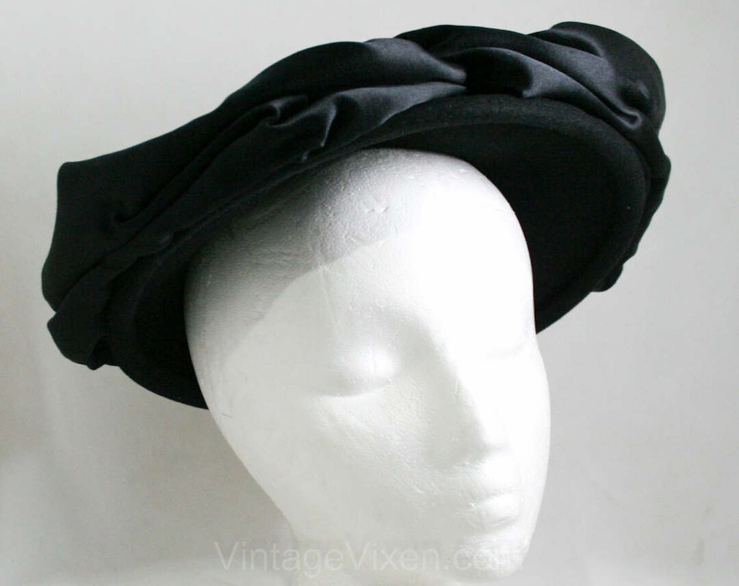1940s Hat - Glamour Girl - Black Felt & Silk Satin - Open Top ...