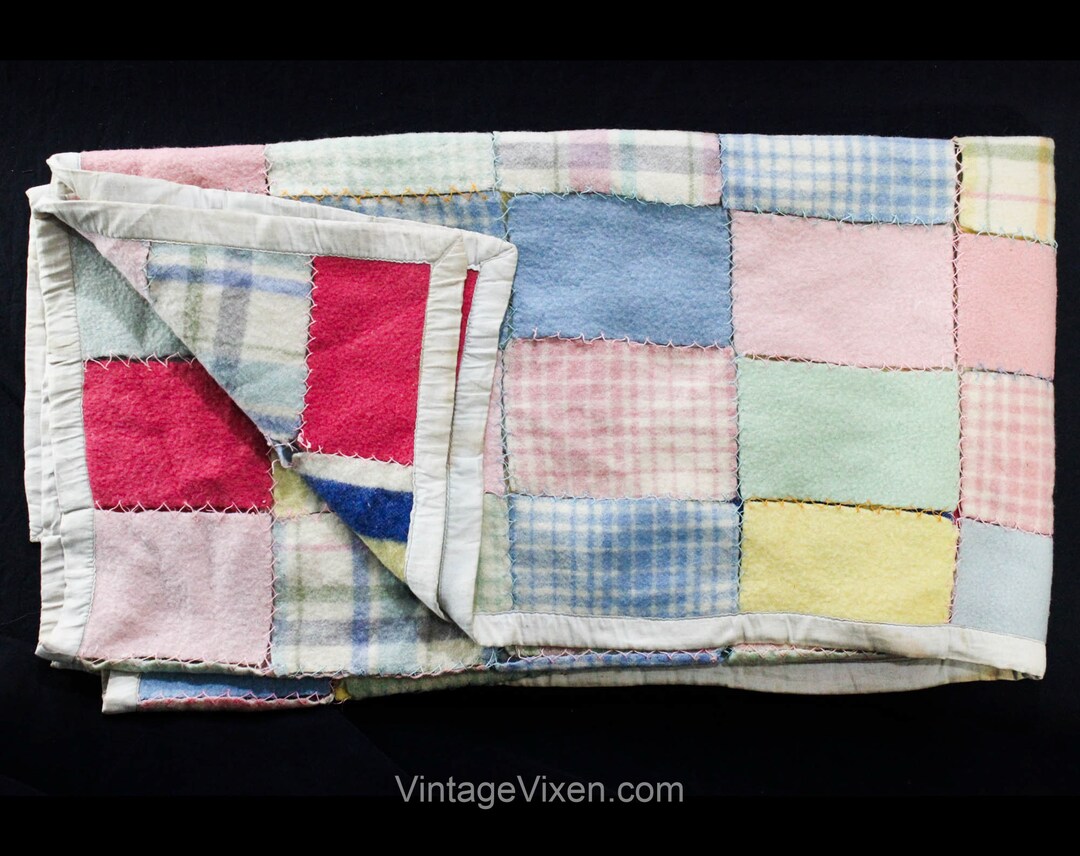 1940s Wool Blanket - Pastel Pink, Blue, Green & Yellow Felt Patches ...