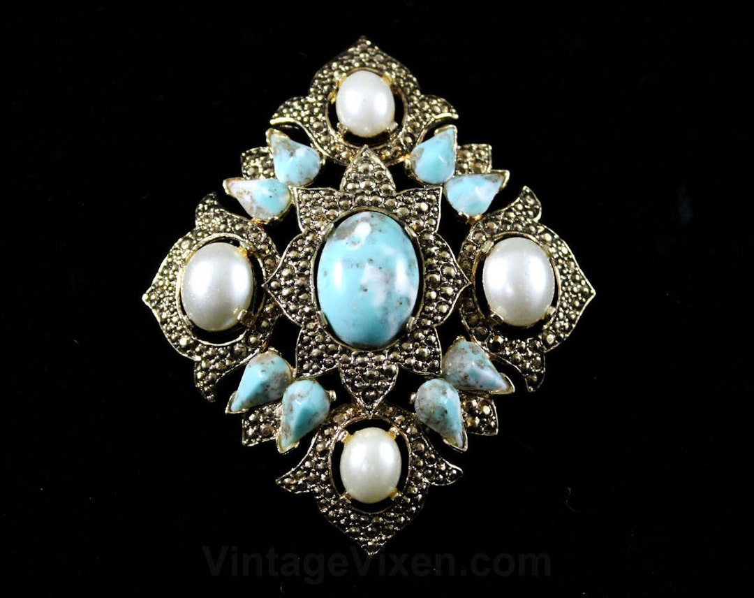 Antique Style Turquoise Brooch Pin or Pendant Confetti Marbled Blue ...