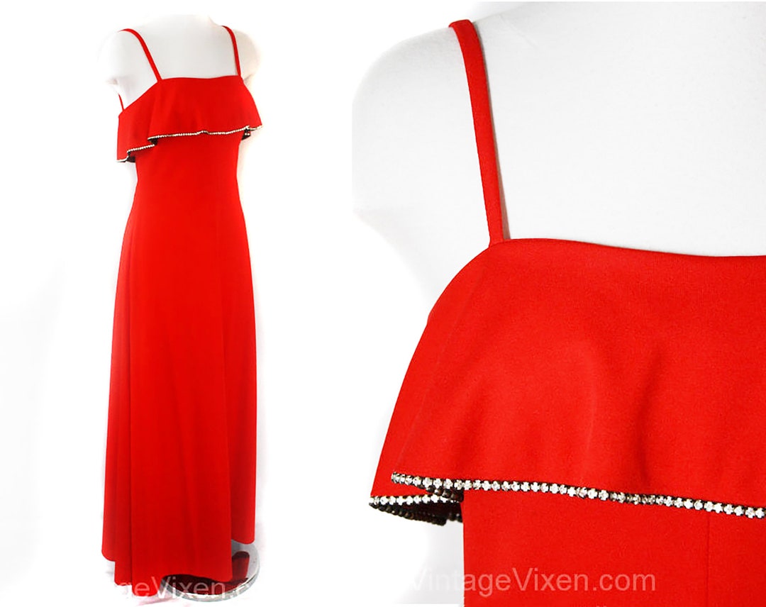 1970s Red Evening Dress With Rhinestone Trim Medium Size 10 Strappy ...