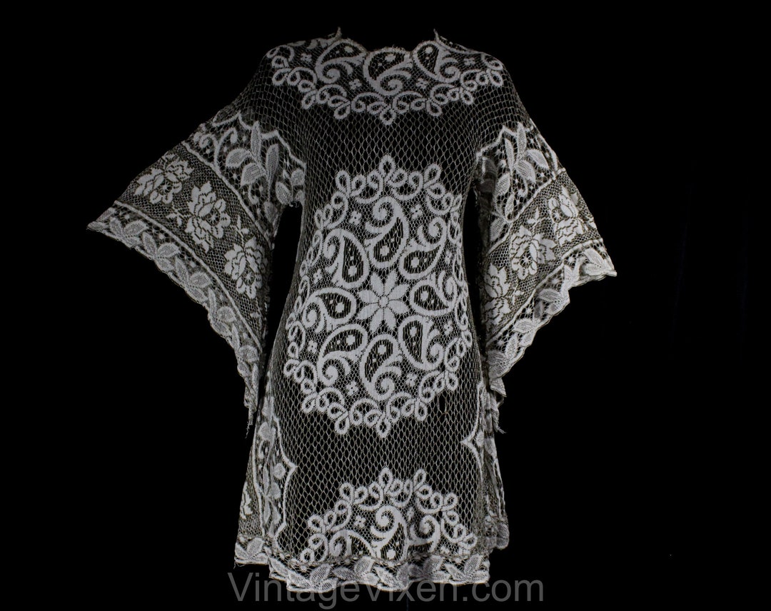 1960s Mini Dress Small Bohemian Net Lace Festival Dress 60s 70s Boho ...