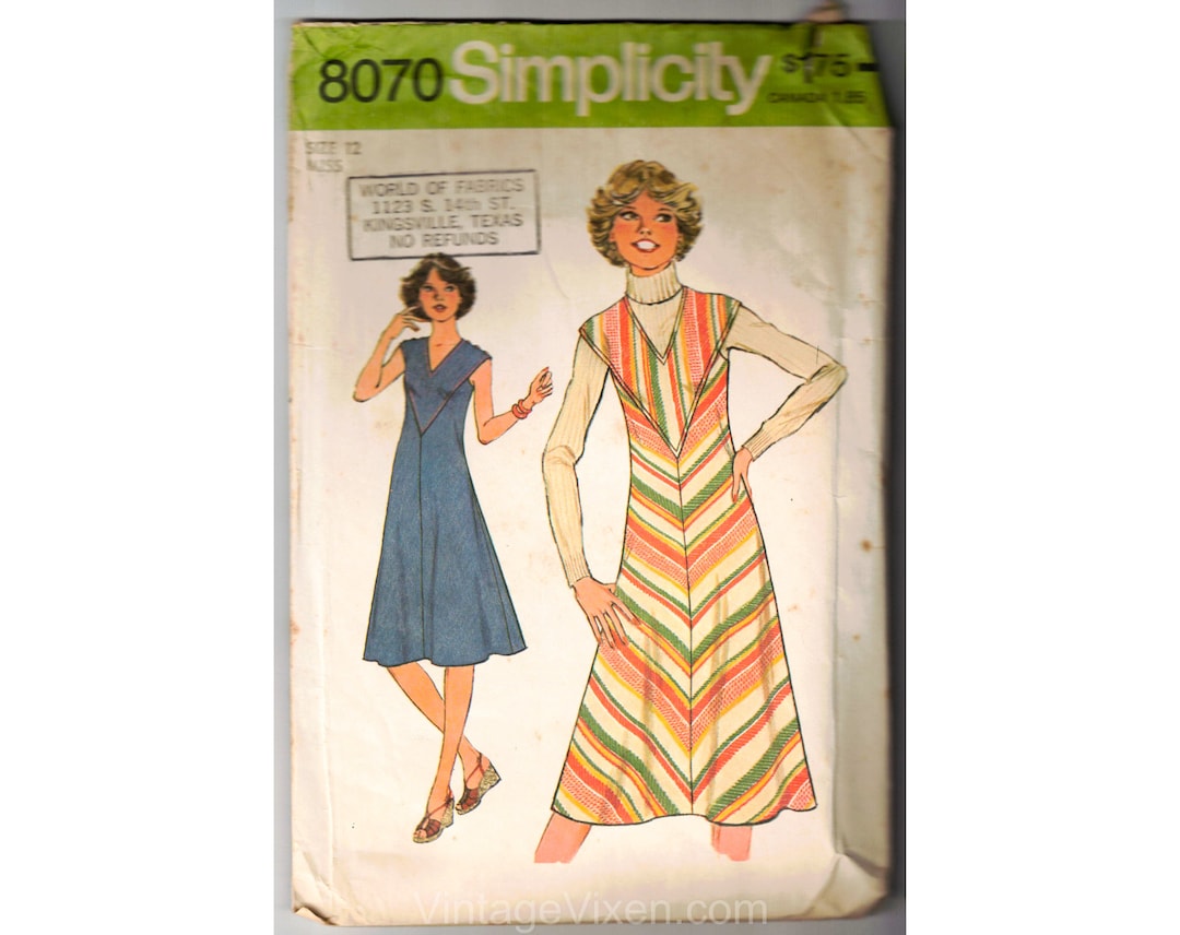 1970s Dress Sewing Pattern - 70s Casual A-line Sheath With Chevron Design - Complete - Bust 34 ...