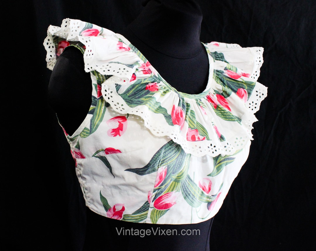 1940s Crop Top - Summer Pink & Green Floral Cotton - 40s Pin up Girl ...