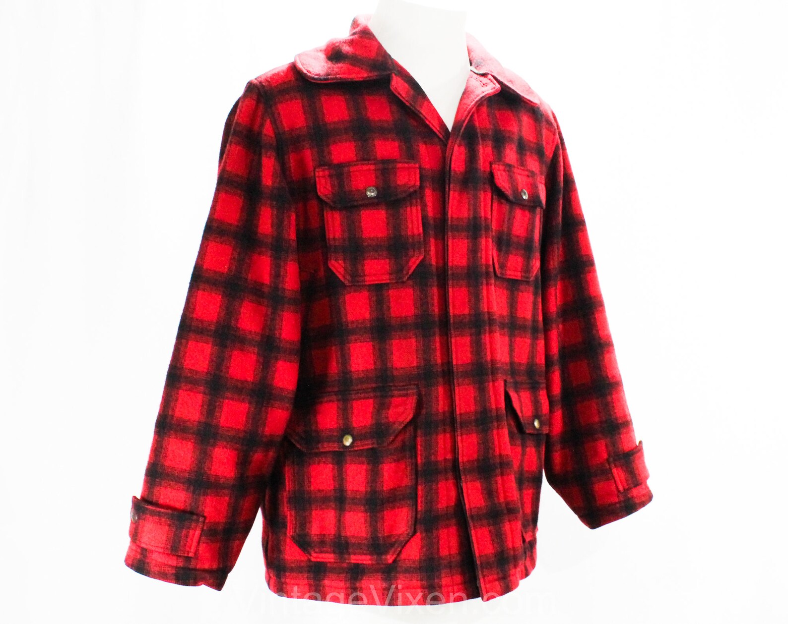 Men's Large Red Buffalo Plaid Jacket - 1950s Long Sleeve Lumberjack ...