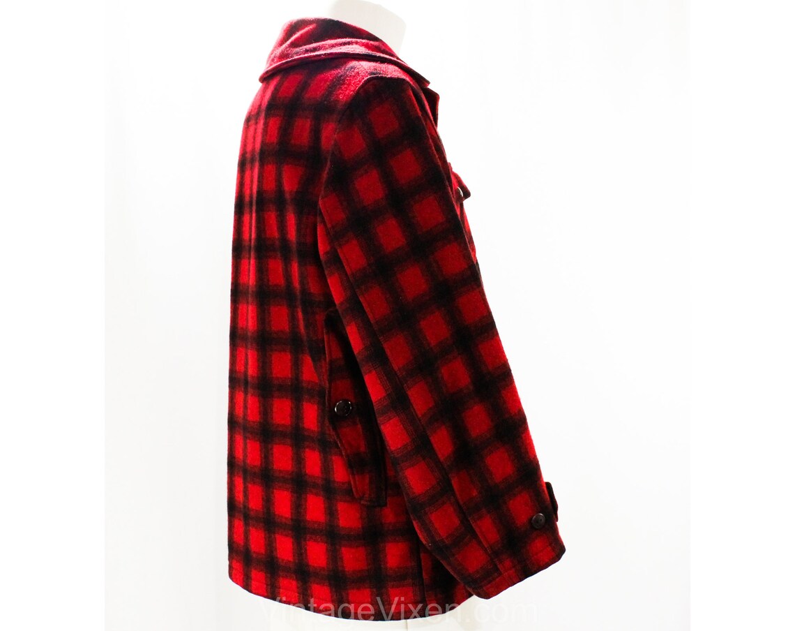 Men's Large Red Buffalo Plaid Jacket - 1950s Long Sleeve Lumberjack ...