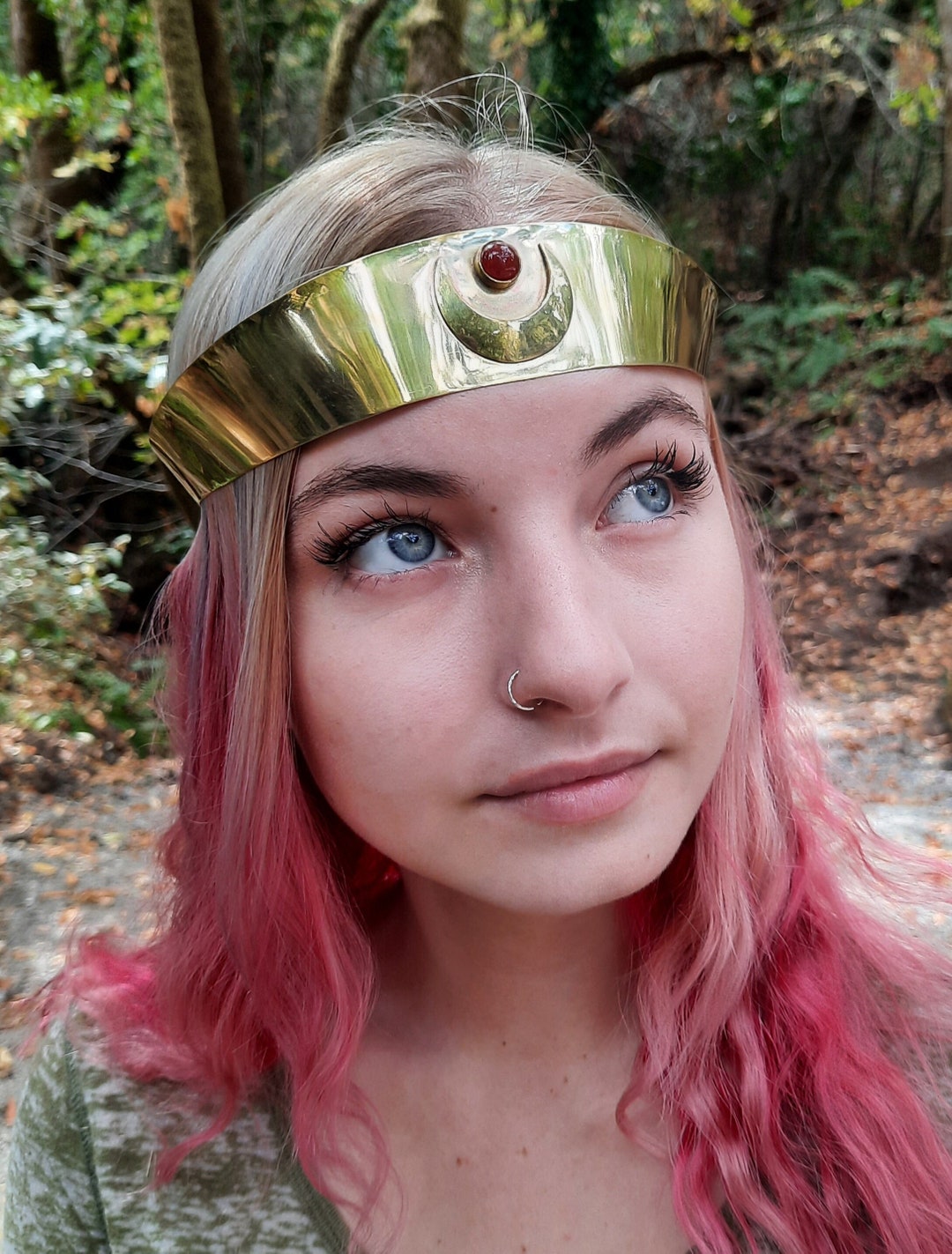 Circlet Brass Crescent Moon Mother of Pearl Onyx Carnelian Green Shell ...