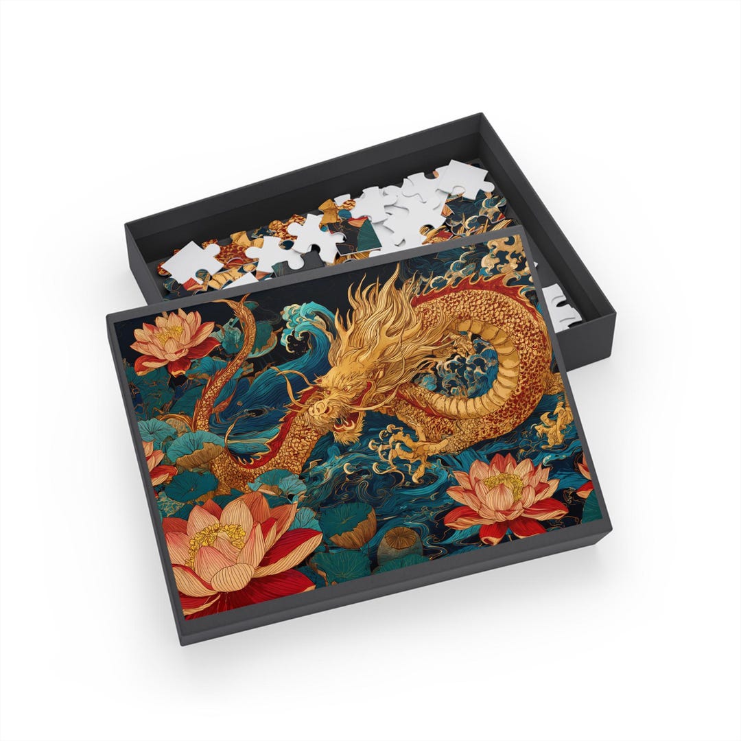 Golden Dragon Among Lotus Flowers . Oriental Fantasy Puzzle . Mythical ...