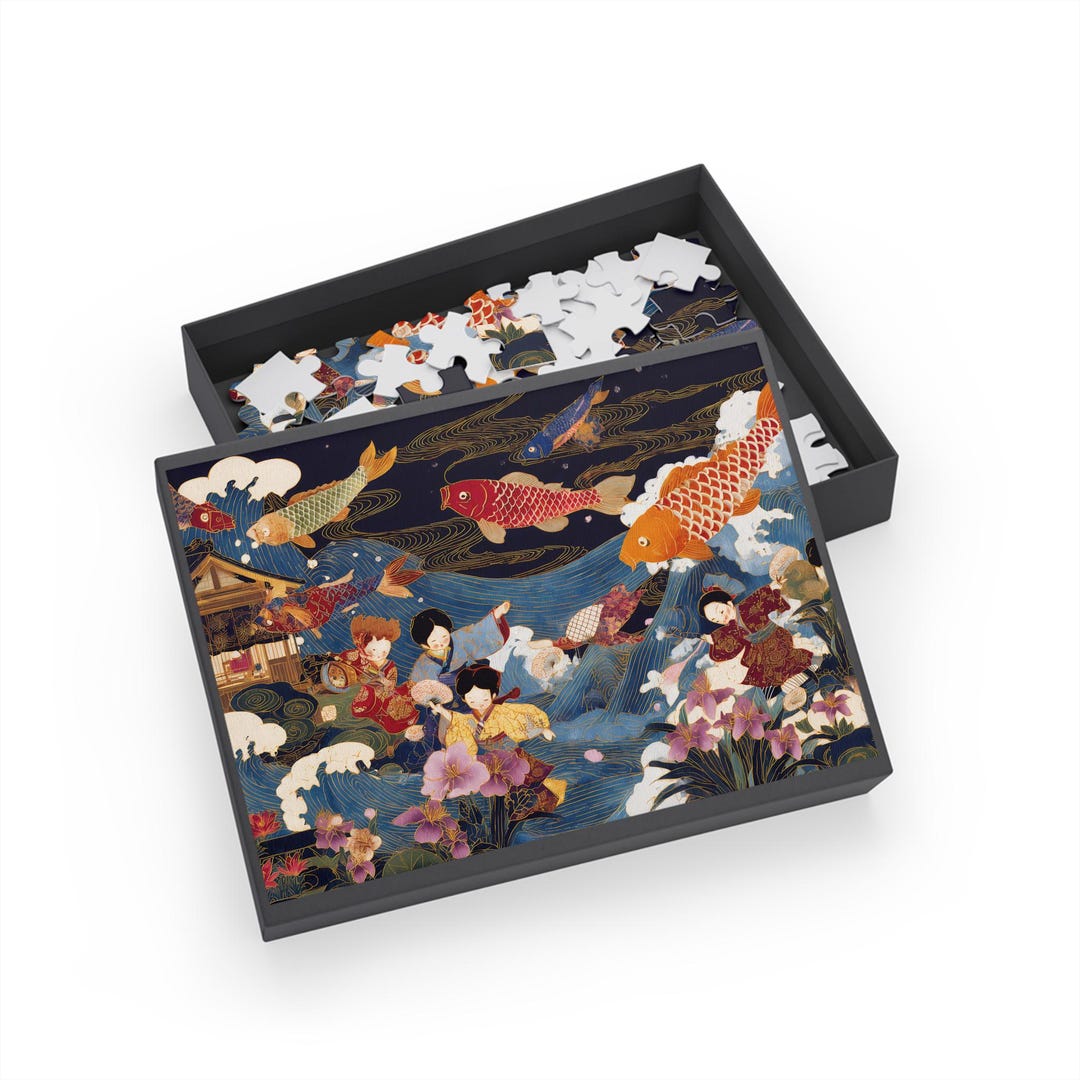 Japanese Ukiyo-e Style Puzzle - Koi Fish Festival & Children Playing ...