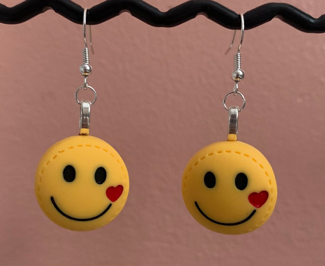 Large Yellow Smiley Face Heart Emoji Dangly Earrings Be Happy - Etsy