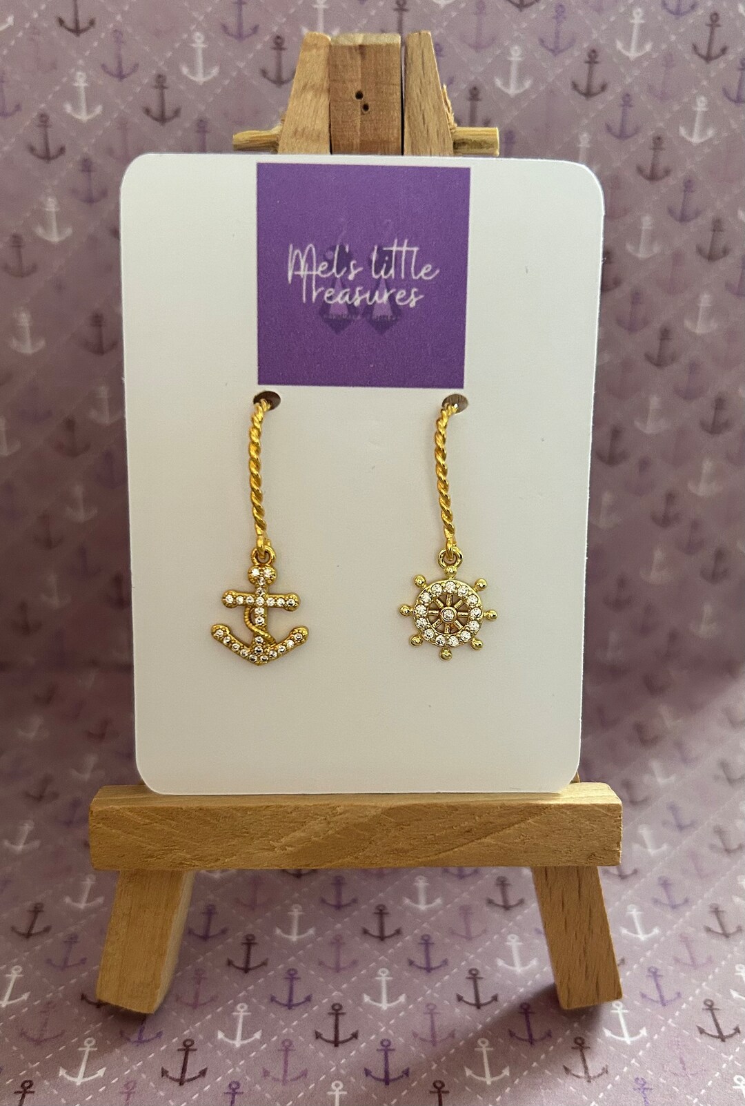 Gold Plated Anchor & Helm Mismatch Rope Hook Pave Rhinestone Earrings ...