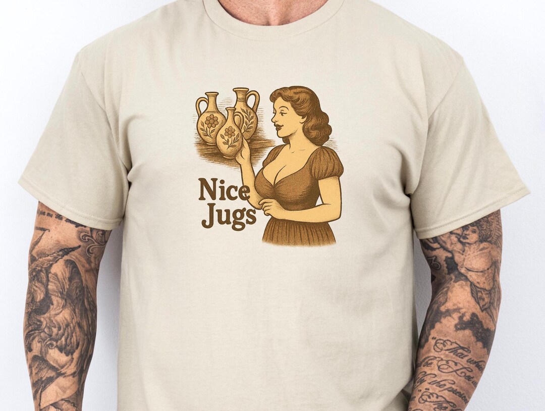 Nice Jugs Pottery Pun Unisex Cotton T-shirt | Vintage Woman Holding ...