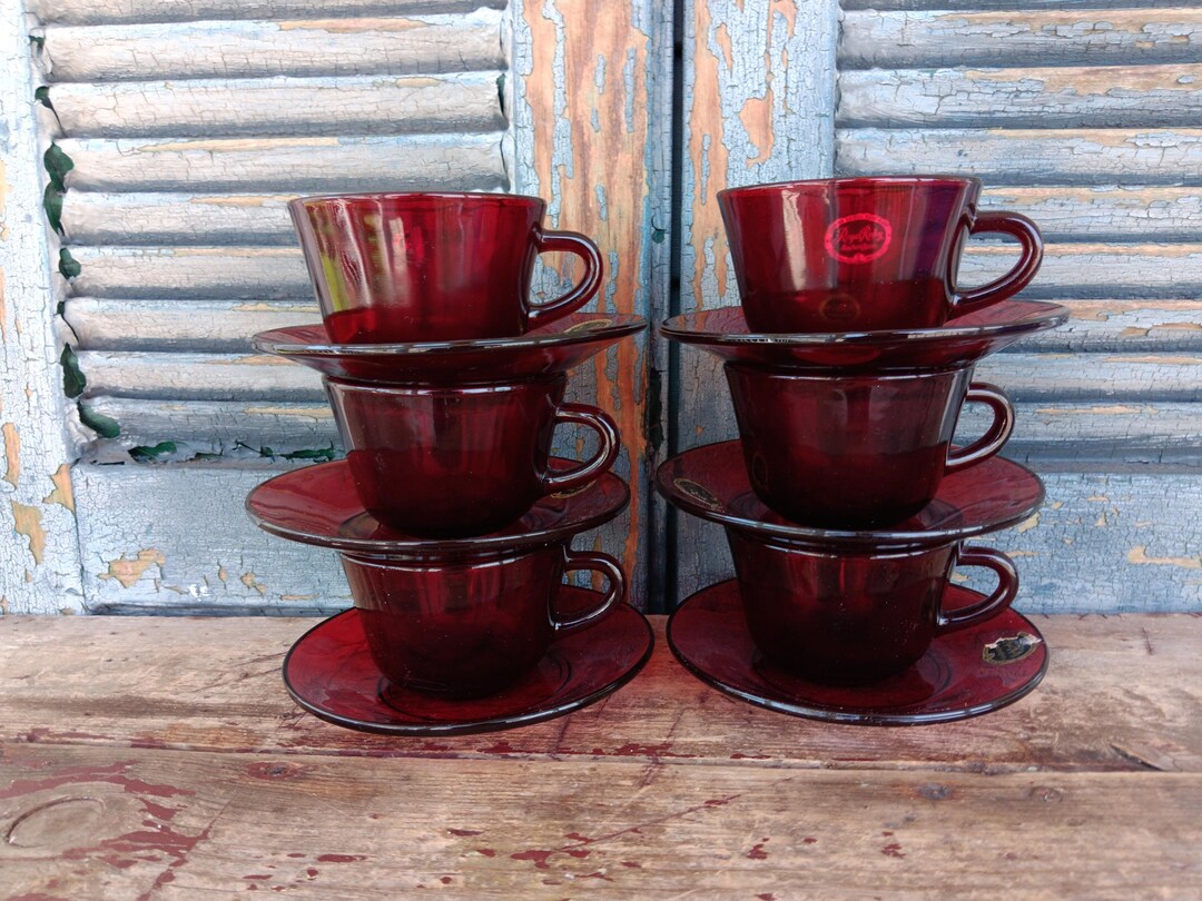 Vintage Royal Ruby Cups and Saucers Anchor Glass - Etsy