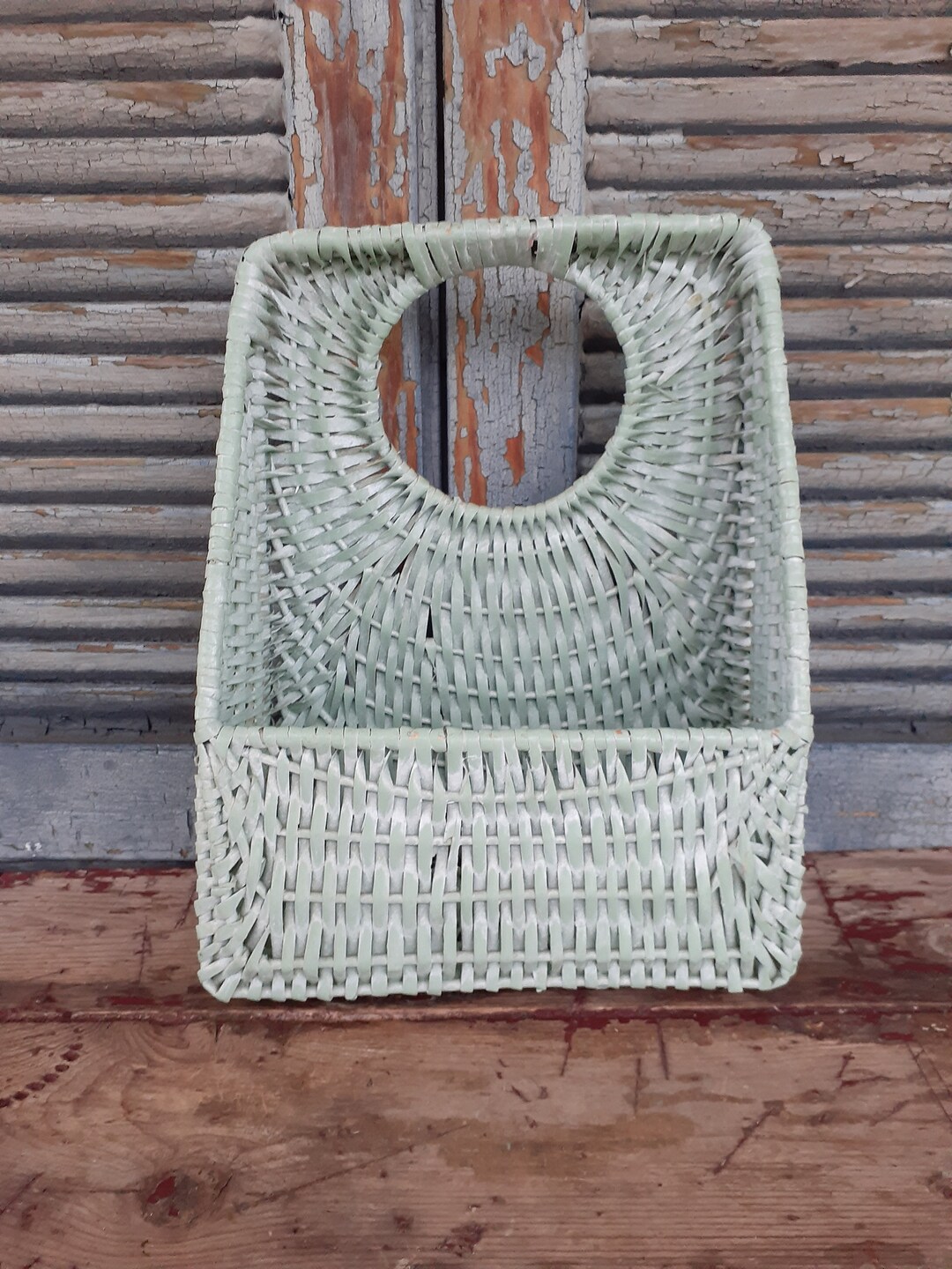 Vintage Aqua Woven Basket Free Standing - Etsy