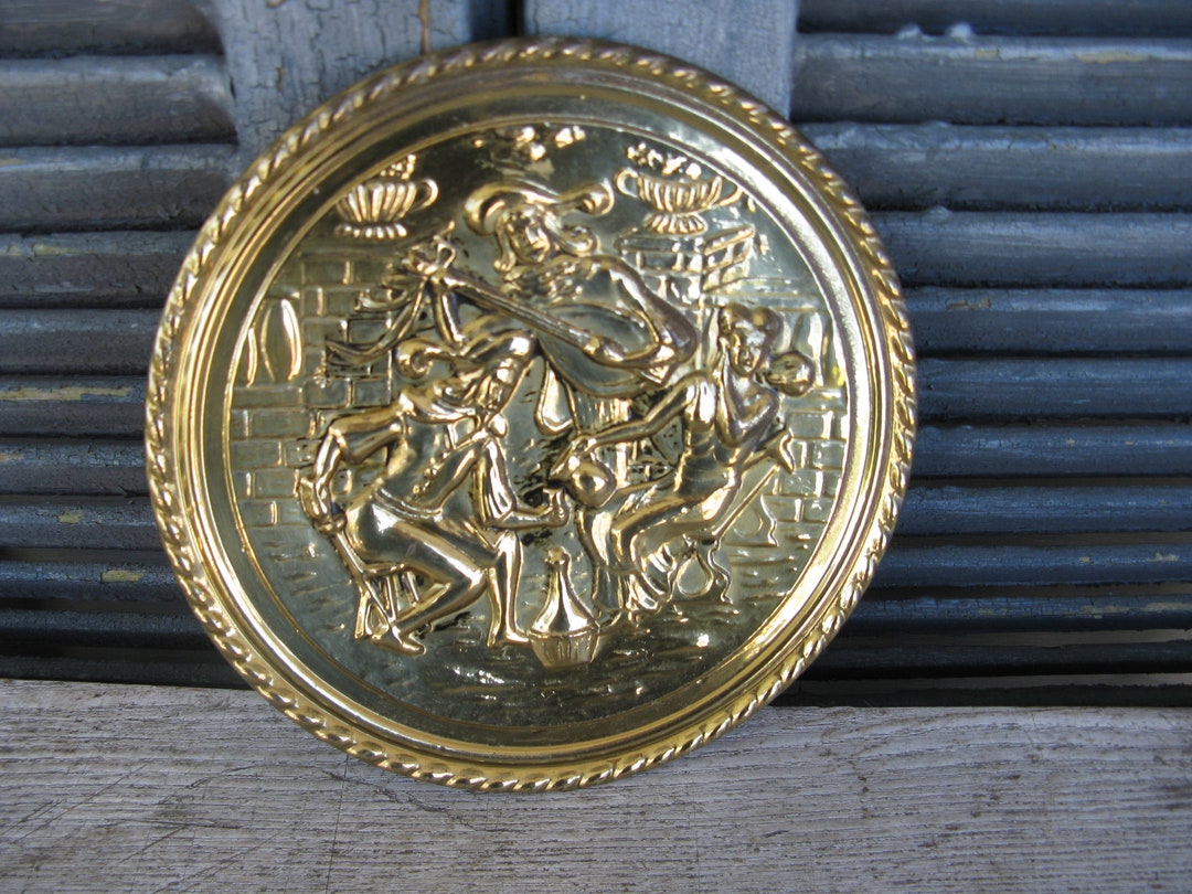 Vintage Brass Wall Plaque Embossed Old World Party Scene Traditional ...