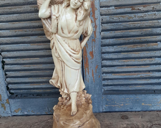 Vintage Chalkware Statue Woman With Basket 17 Inches Tall Shabby Old ...