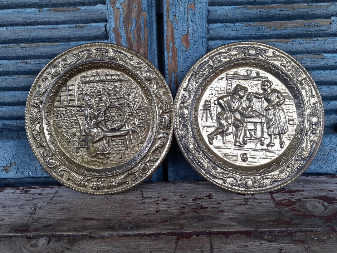 Vintage Brass Wall Plaques Embossed Old World Repousee Traditional Made ...