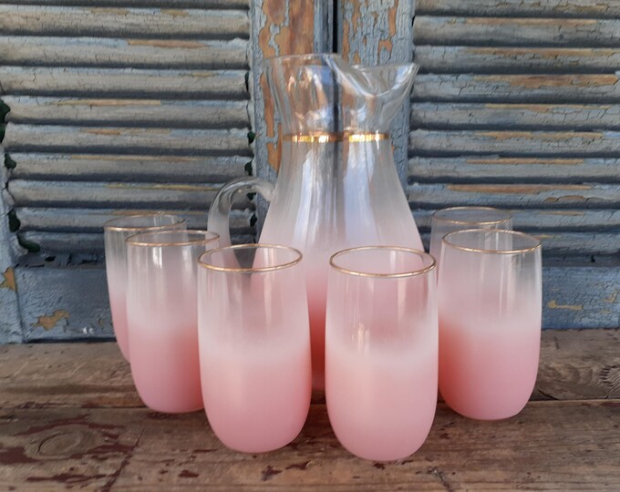 Pink Blendo Pitcher and Glass Set West Virginia Glass Gold Rims Mid ...