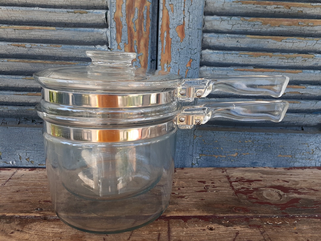 Pyrex Flameglo Clear Glass Double Boiler Bamborine Mid Century Cooking ...