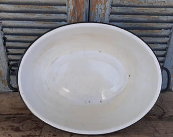 Vintage White Enamelware Wash Basin W Black Trim, Round Enamel Dish Pan ...