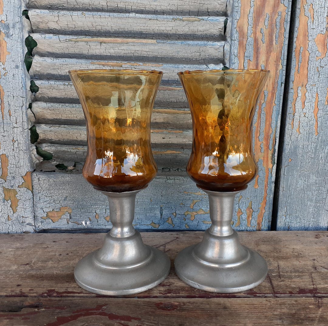 Vintage Homco Tudor Amber Glass Votives Candle Holder Pair Optic Design ...