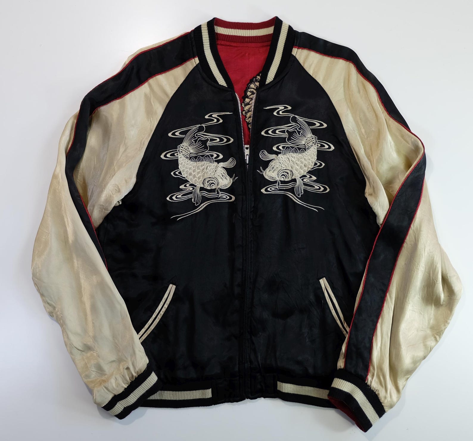 Vintage Japanese Japan Dragon Nihonga Koi Fish Red Black Sakura Cherry ...