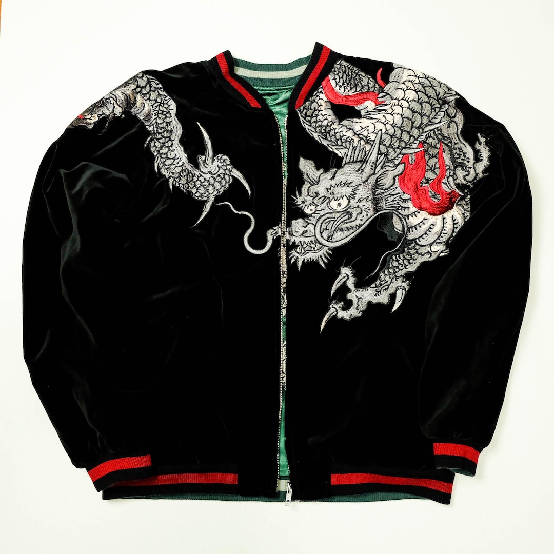 SATORI Reversible Dragon Ukiyoe Sukajan Jacket | Black Velvet & Green ...