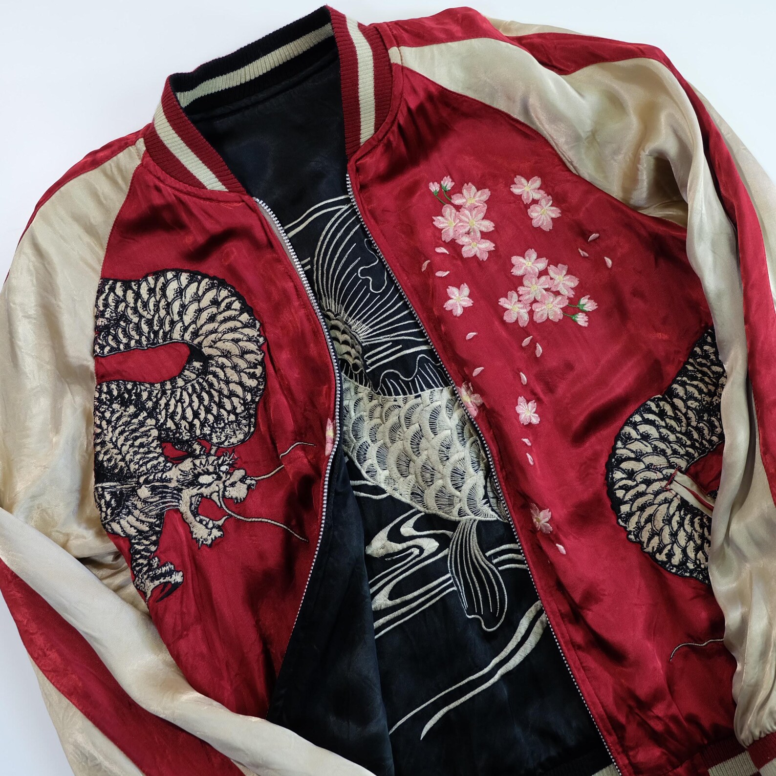 Vintage Japanese Japan Dragon Nihonga Koi Fish Red Black Sakura Cherry ...