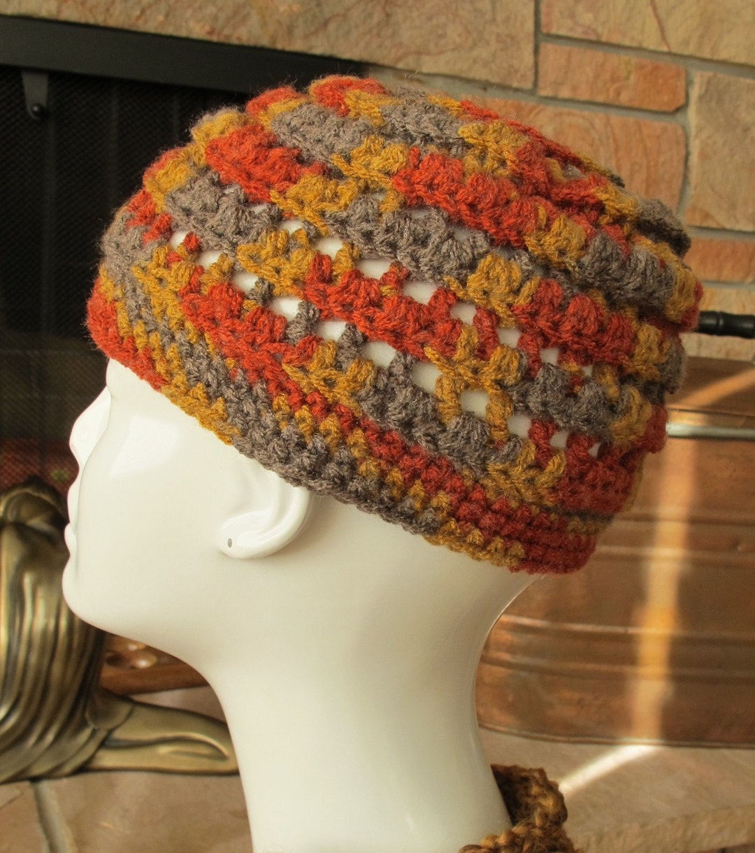 Crocheted Hat, Close Fitting Beanie, 100% Acrylic, Rust, Green, Brown ...
