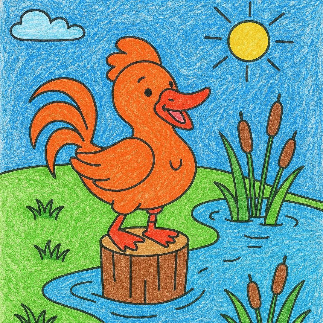 Duck Coloring Page for Kids – Pond Scene With Cattails | A4 Farm Animal ...