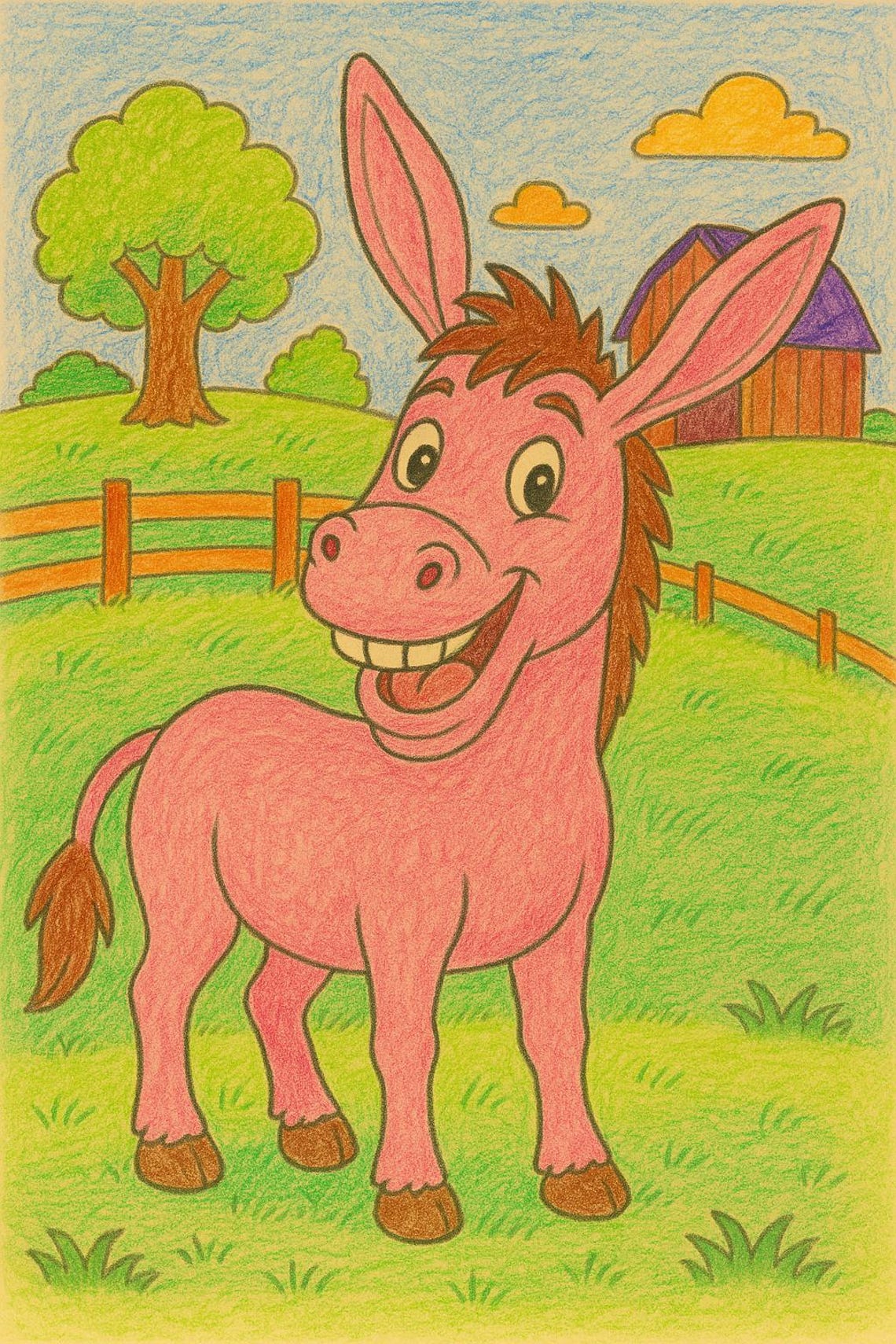 Donkey Coloring Page – Goofy Grinning Farm Donkey for Kids | A4 ...