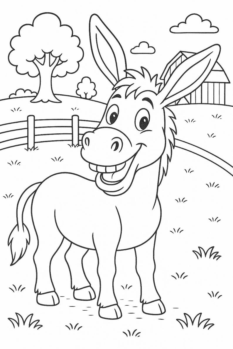 Donkey Coloring Page – Goofy Grinning Farm Donkey for Kids | A4 ...