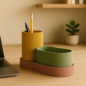 Modern Ribbed Desk Organizer Set: Minimalist Desktop Storage Pen Holder ...