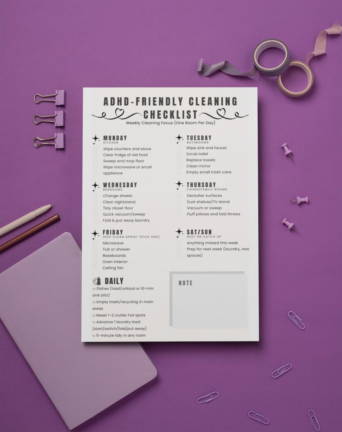 Adhd-friendly Cleaning Checklist – Printable Weekly Chore Chart ...