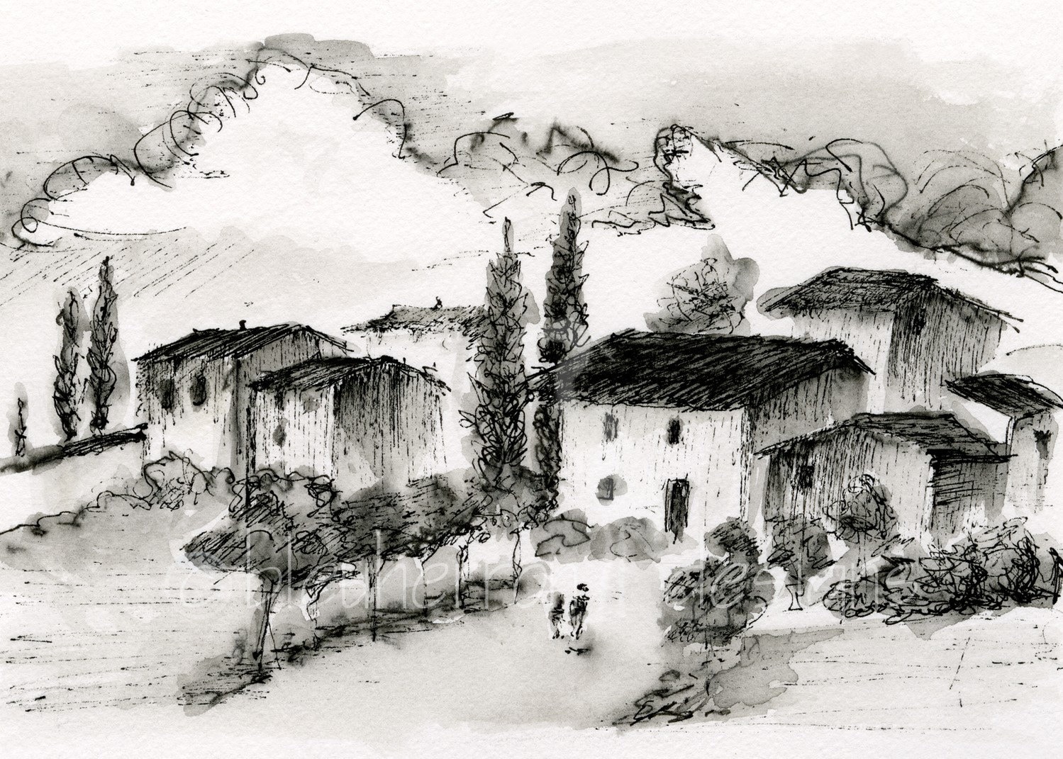 Italian Landscape Ink Wash Village Ink Drawing Art Print - Etsy