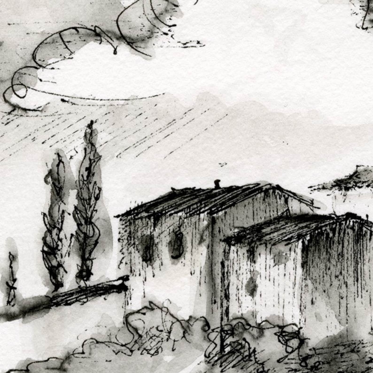 Italian Landscape Ink Wash Village Ink Drawing Art Print - Etsy