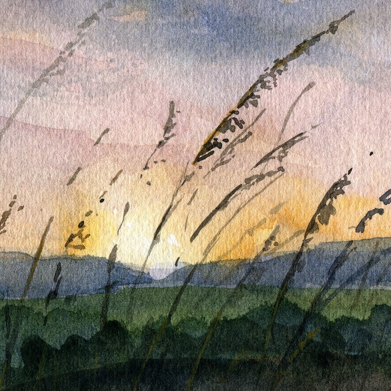 Watercolor Landscape Prairie Sunset Art Print - Etsy