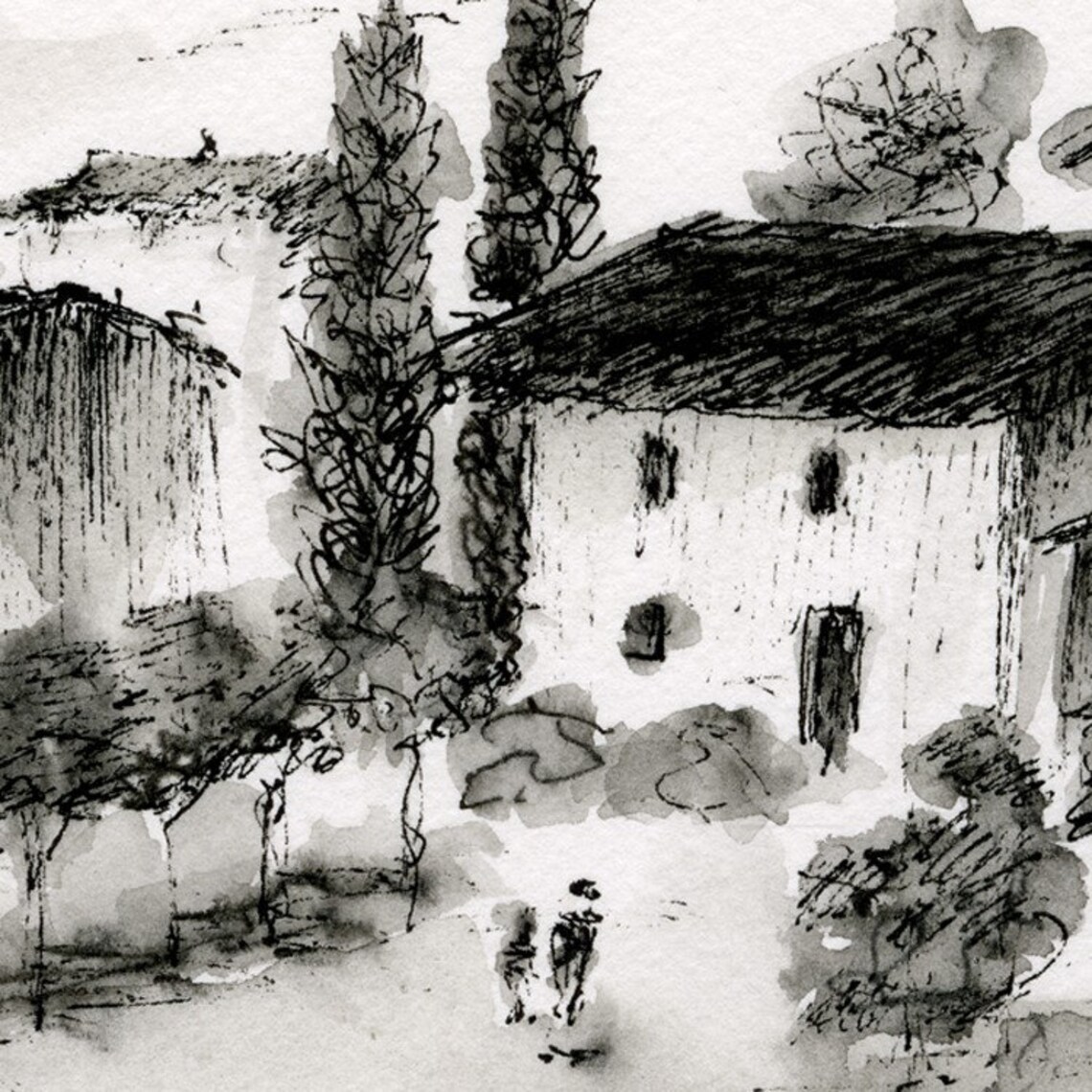 Italian Landscape- Ink Wash Village- Ink Drawing Art Print - Etsy