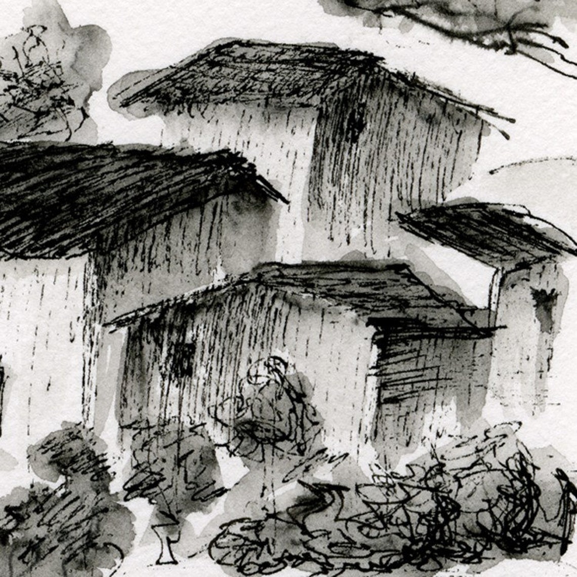 Italian Landscape- Ink Wash Village- Ink Drawing Art Print - Etsy