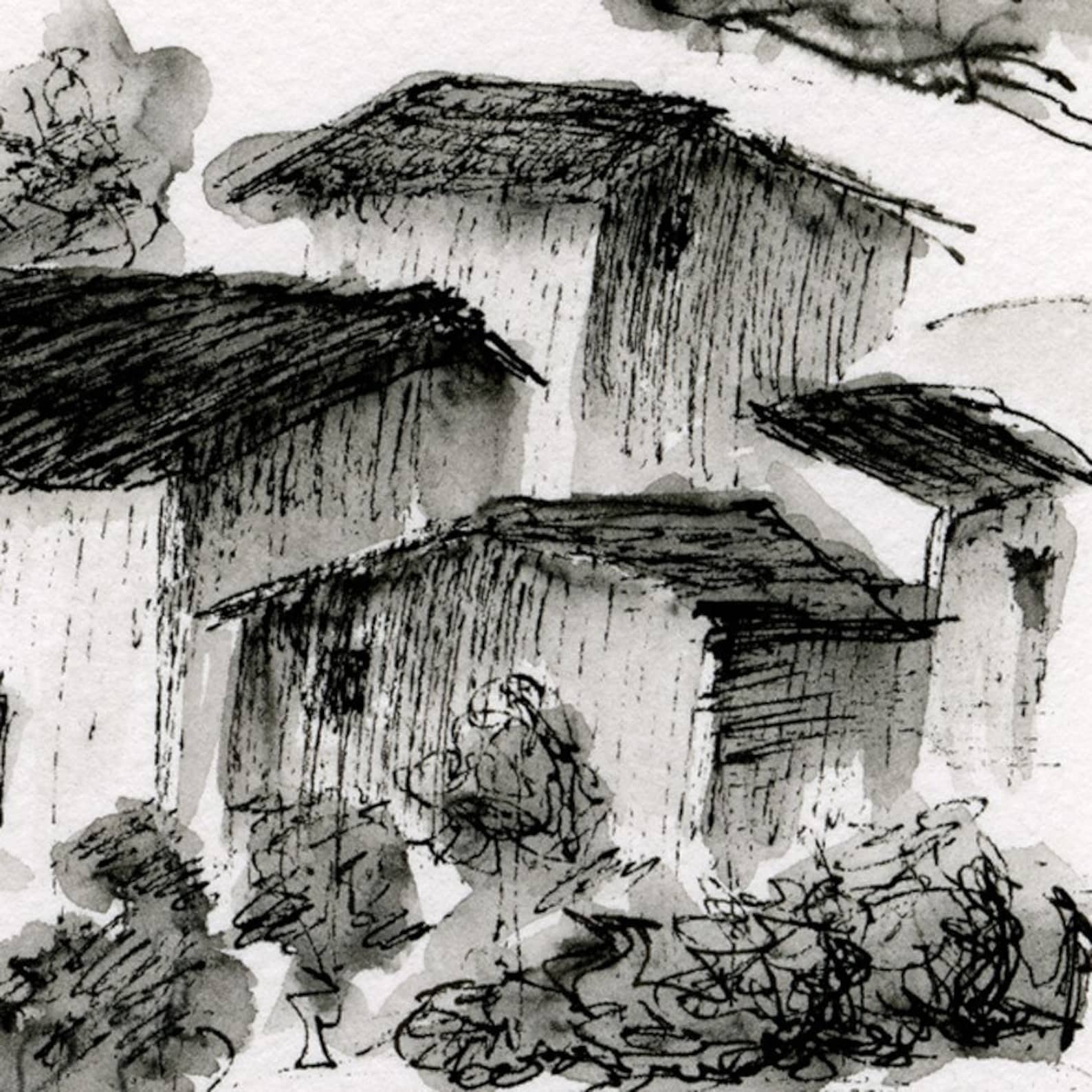 Italian Landscape Ink Wash Village Ink Drawing Art Print - Etsy