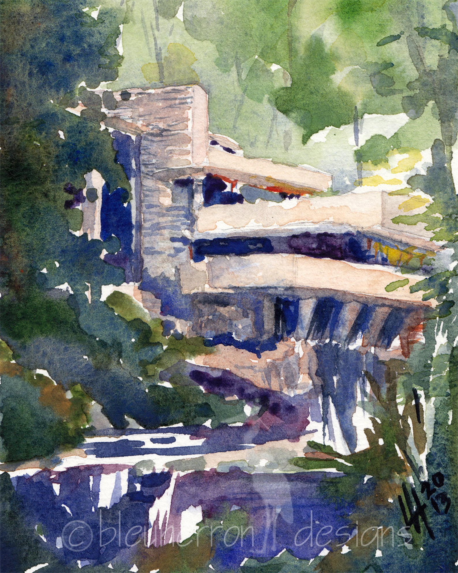 Architecture Watercolor- Fallingwater- Frank Lloyd Wright- Art Print - Etsy